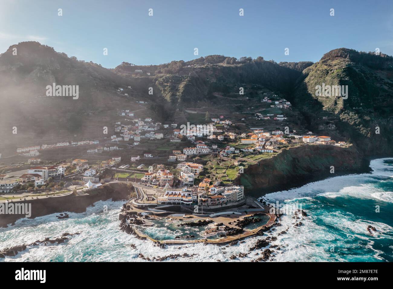Aerial view of Porto Moniz with volcanic lava swimming pools,Madeira ...