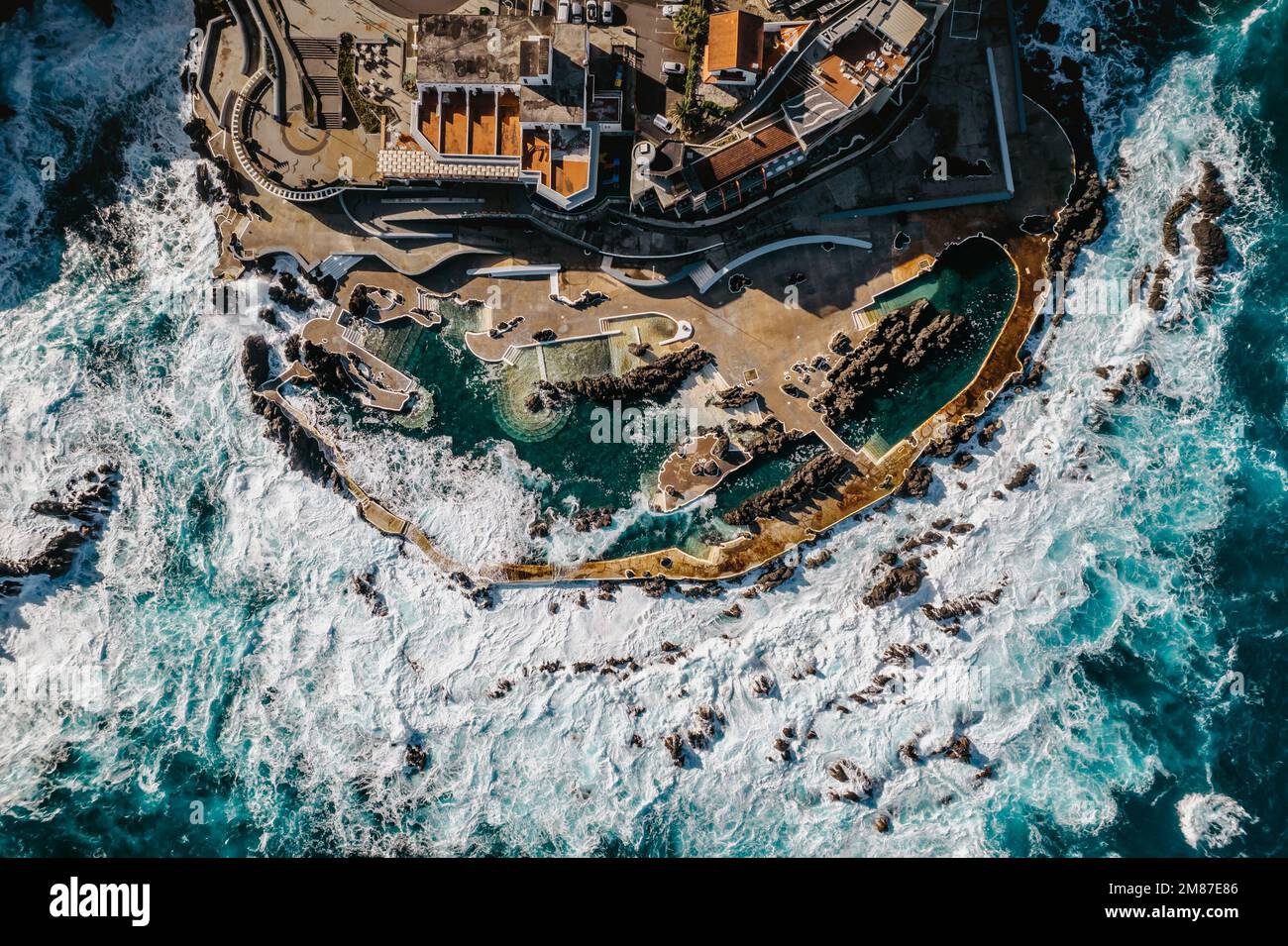 Aerial view of Porto Moniz with volcanic lava swimming pools,Madeira ...