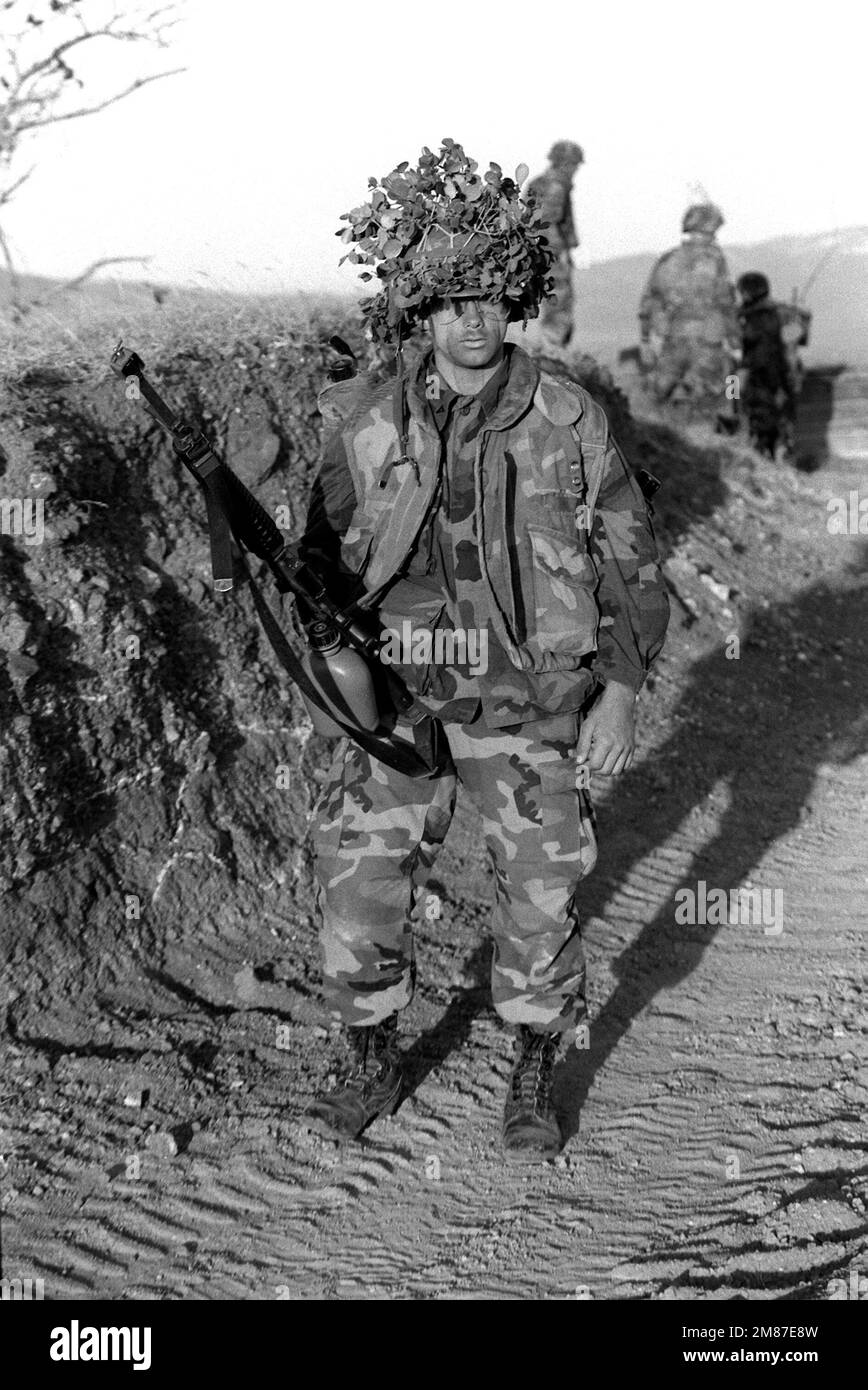 A Marine armed with an M-16A2 rifle participates in a base defense ...