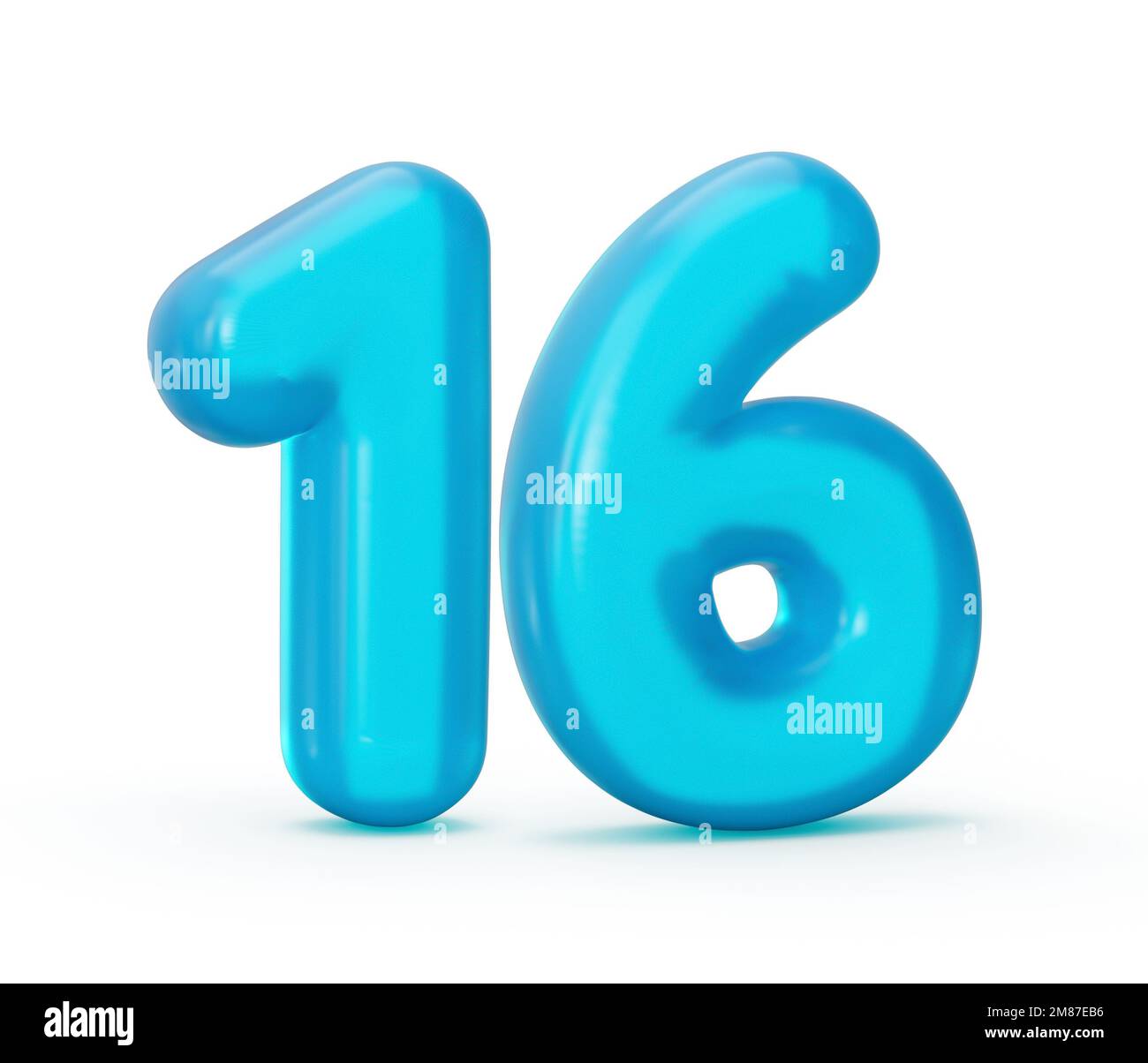 A 3d rendering of the number 16 made of blue jelly isolated on a white ...