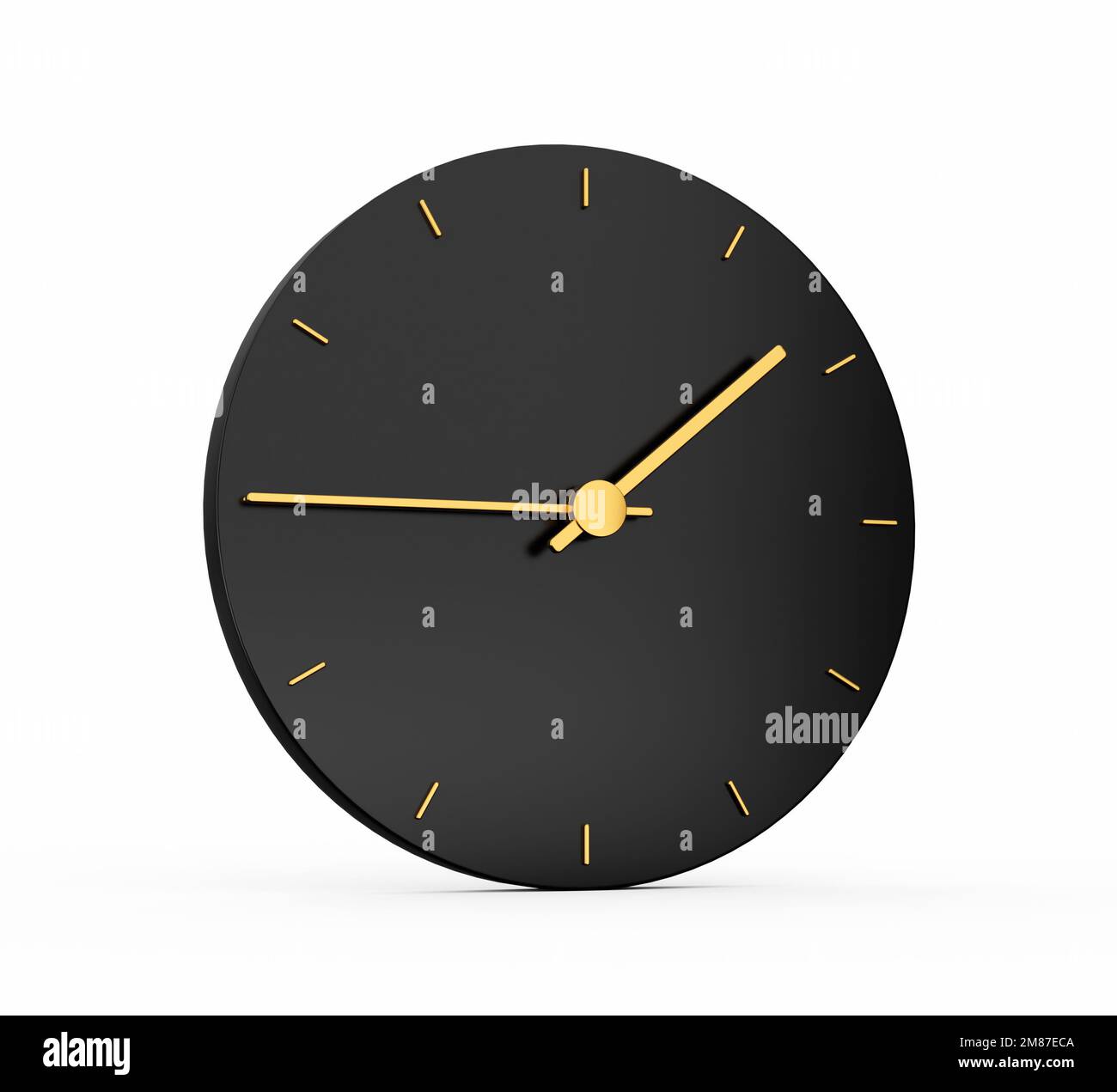 A 3d rendering of a black and gold clock showing 1:45 time isolated on ...