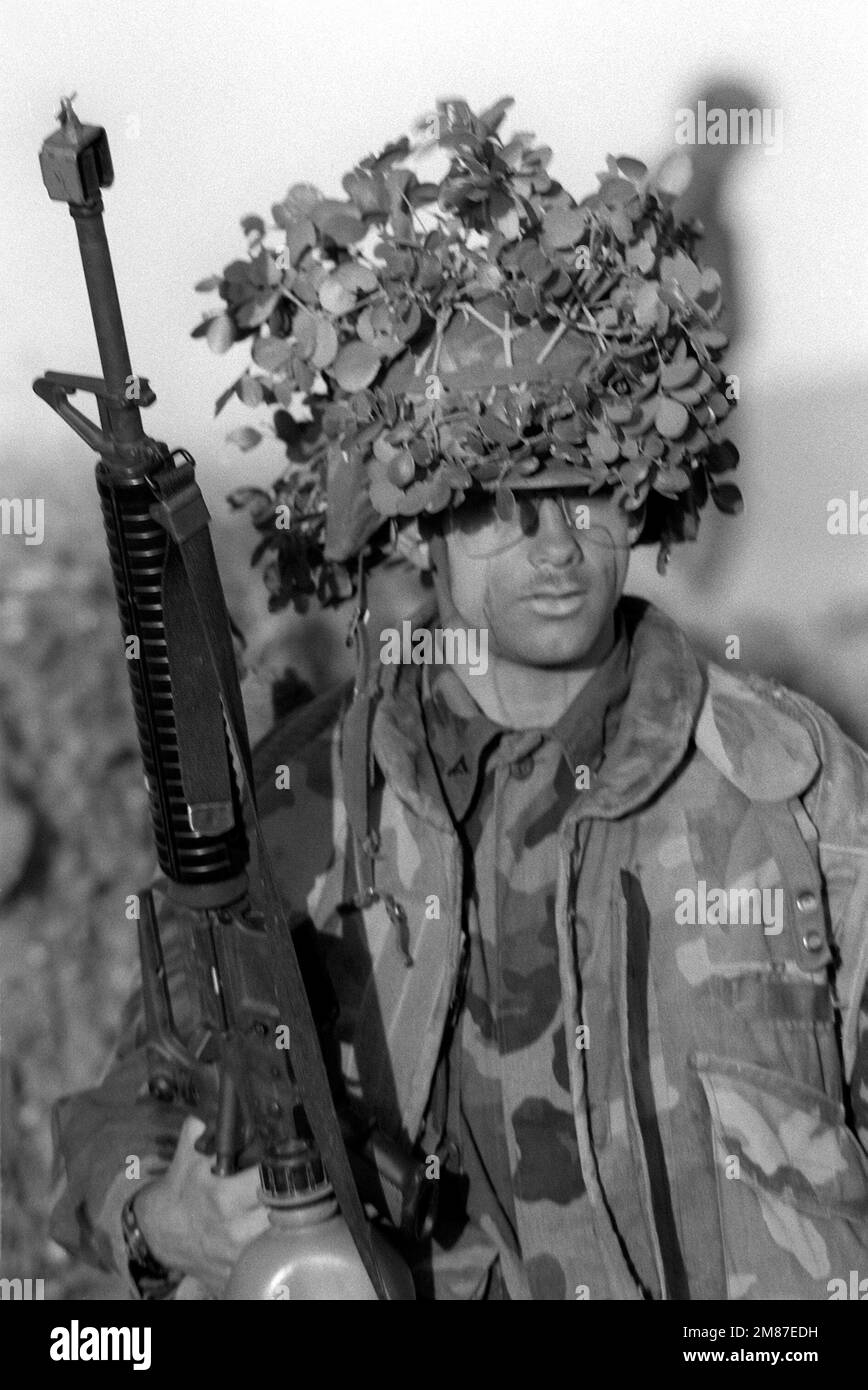 A Marine armed with an M-16A2 rifle participates in a base defense ...