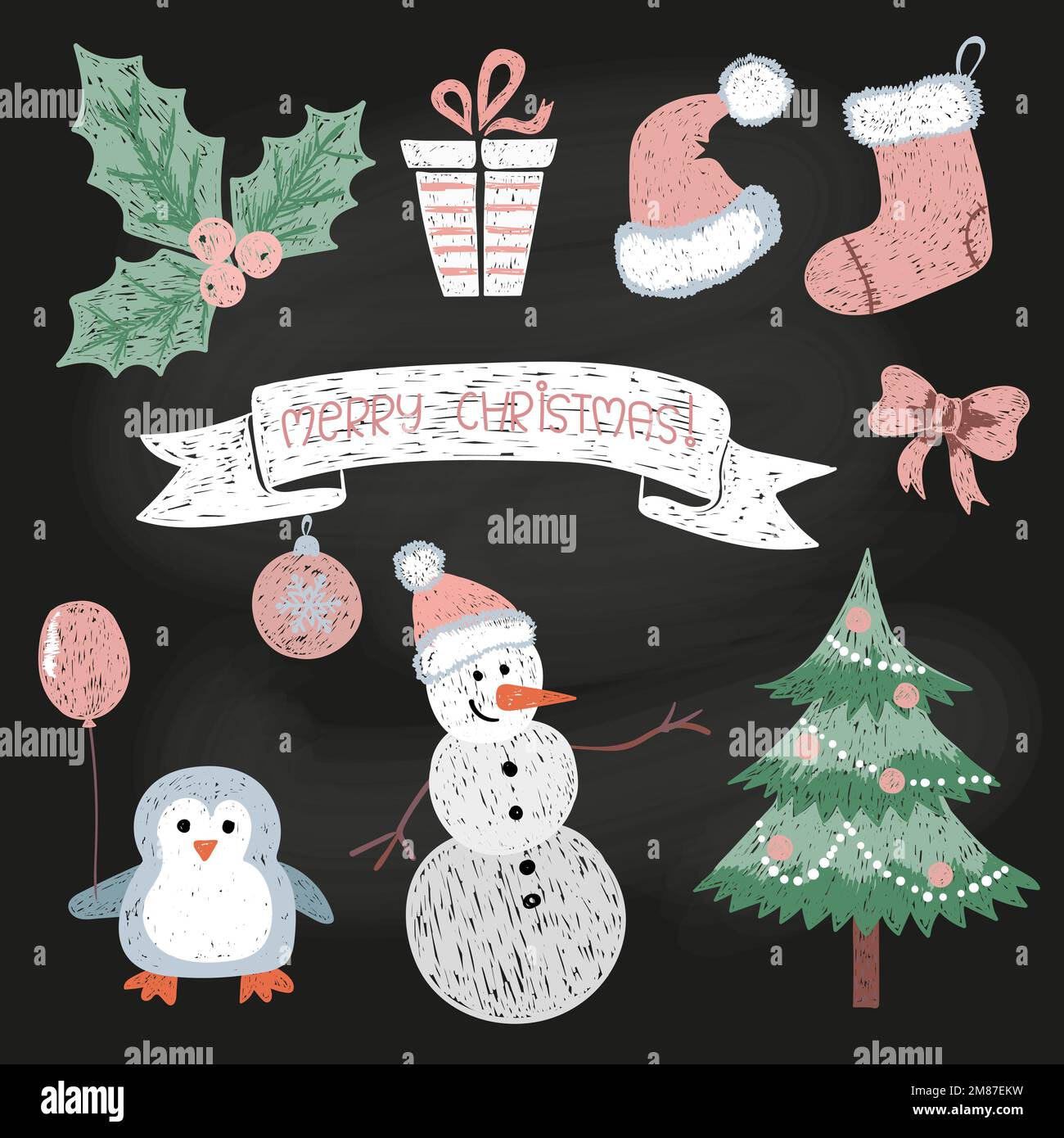 Hand drawn chalk Christmas set. Collection of vector holiday symbols ...
