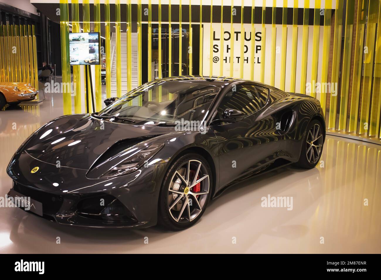 The black and shiny coupe Lotus automobile at the Lotus factory Stock ...