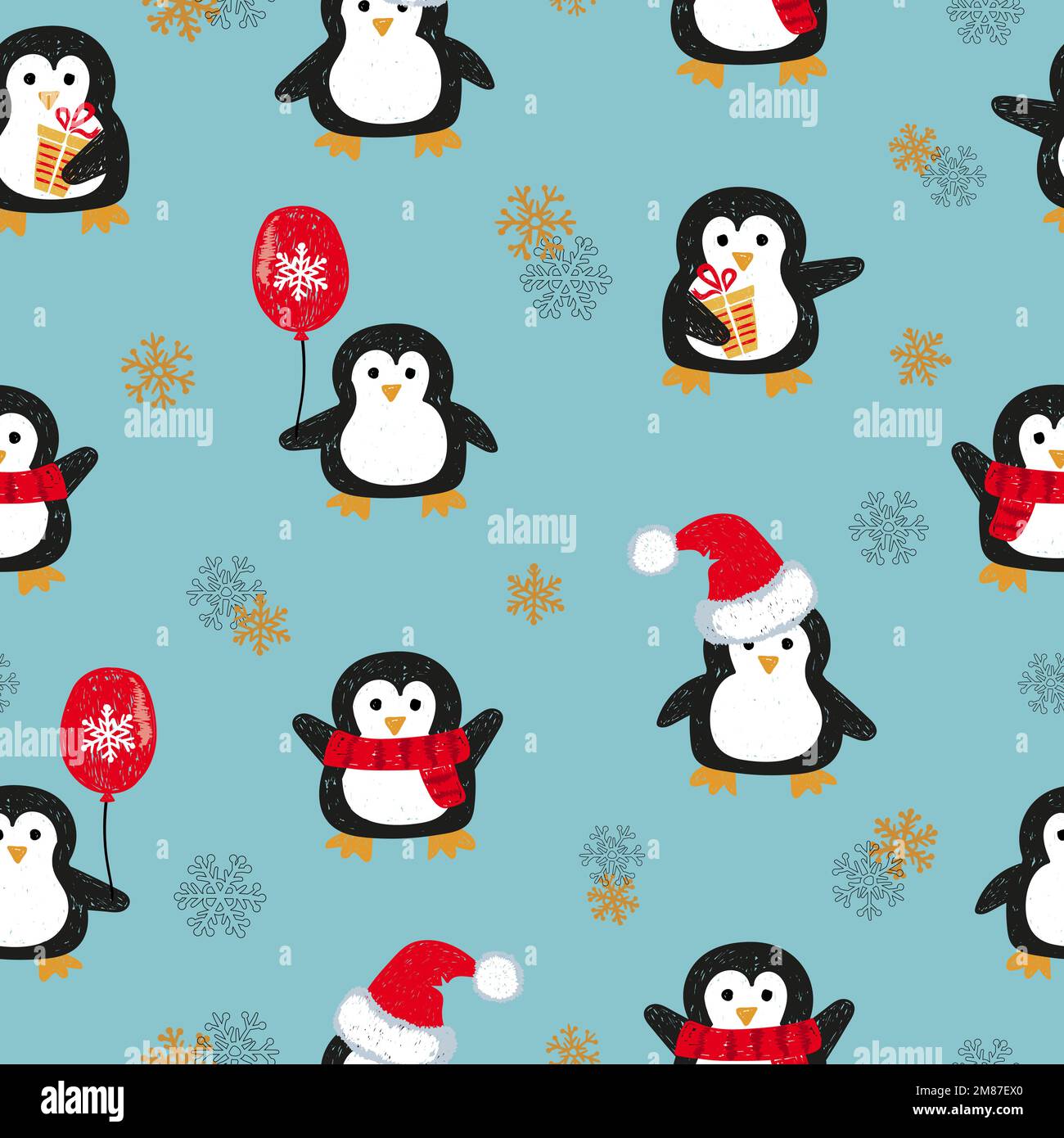 Seamless pattern with cute Christmas penguins. Vector holiday ...