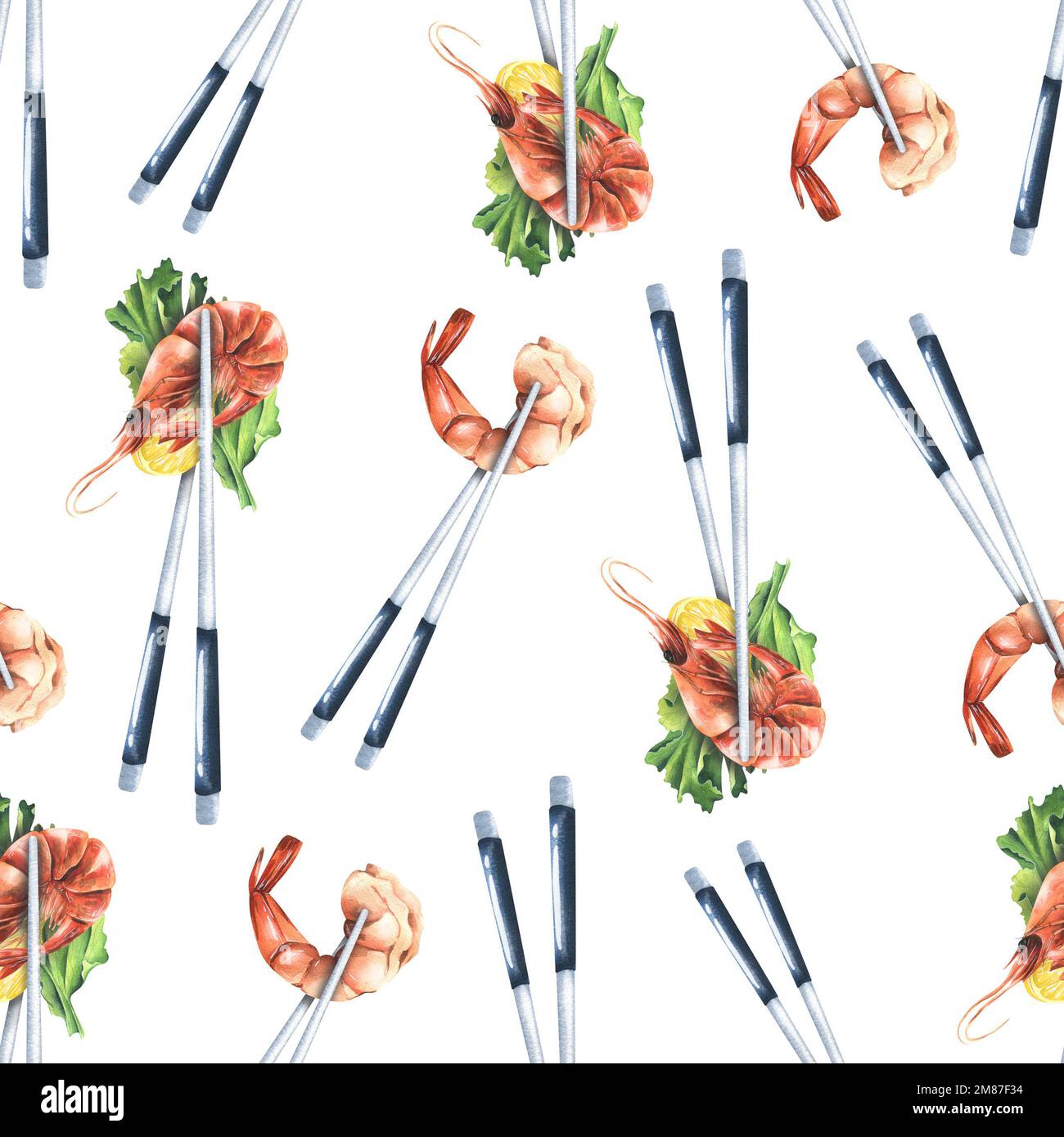 Boiled shrimp, lemon with chopsticks. Watercolor illustration. Seamless ...