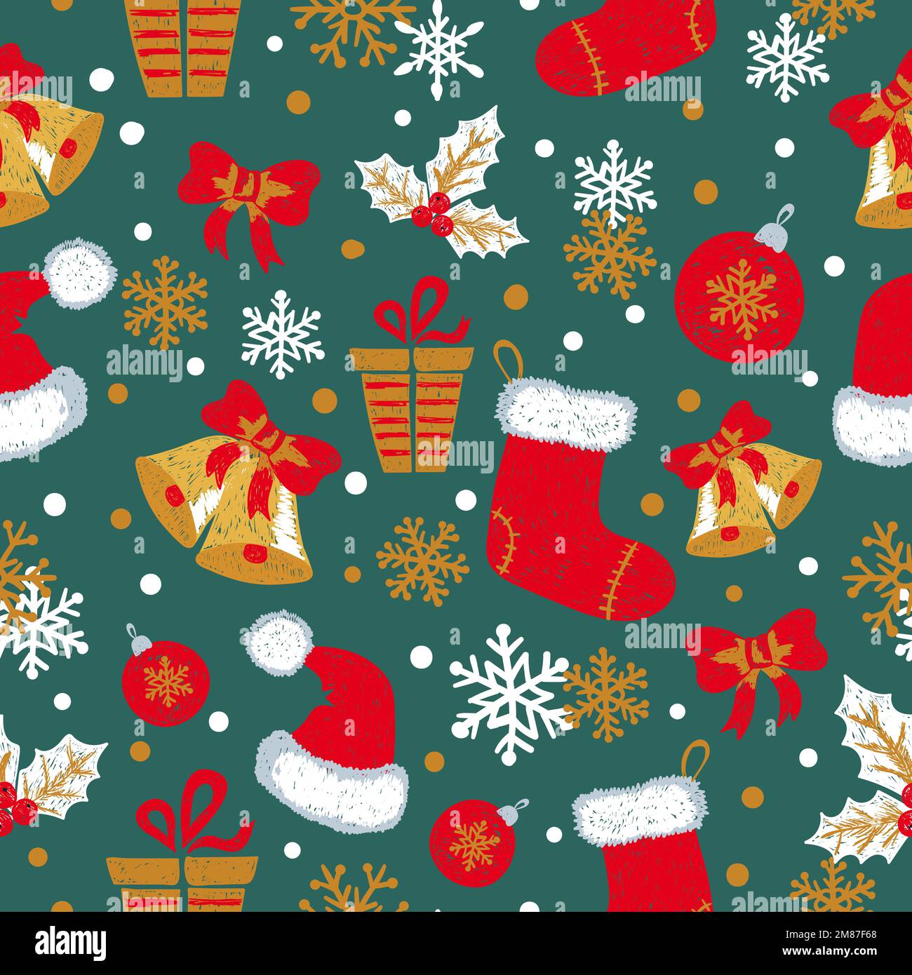 Christmas And New Year Seamless Pattern With Doodle Bells Balls