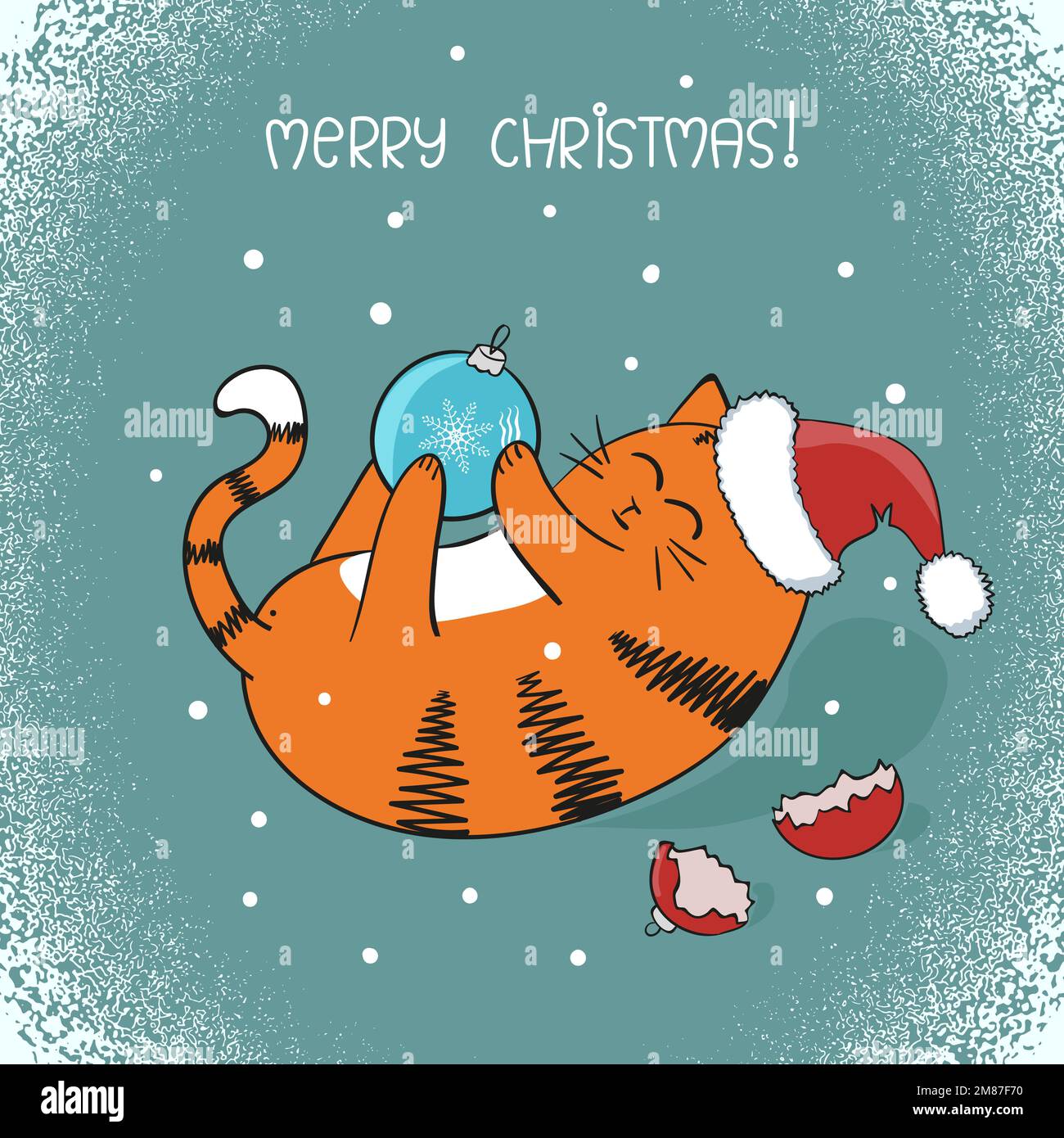 Merry Christmas card design. Cute cat in Santa hat, playing with ... Merry Christmas card design. Cute cat in Santa hat, playing with ...