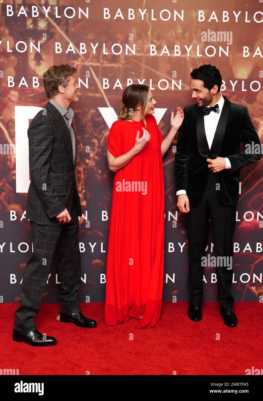 (left to right) Brad Pitt, Margot Robbie and Diego Calva attending the ...