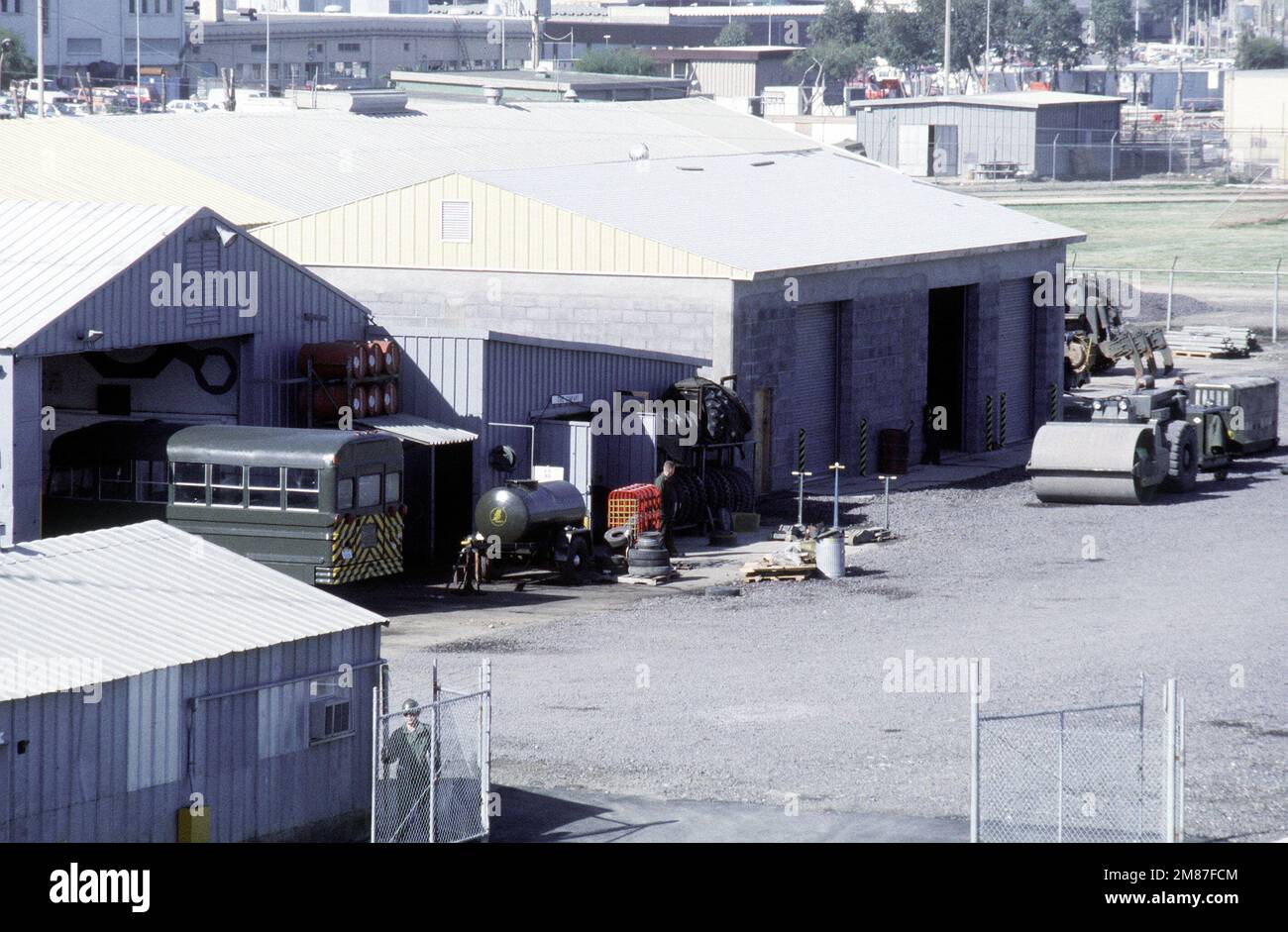 An exterior view of the mechanics shop and the supply warehouse at the ...