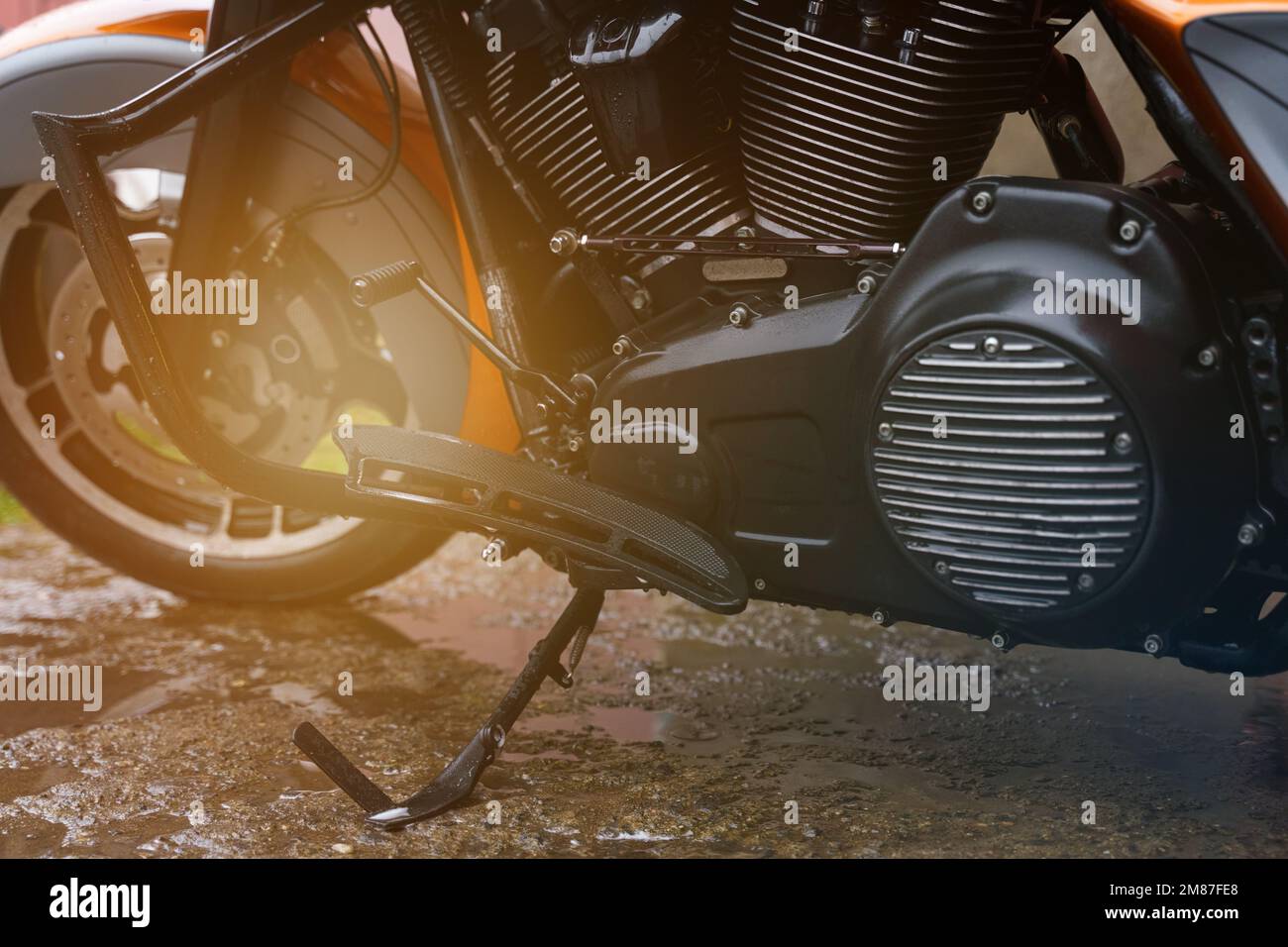 Shiny black motorcycle engine and gearbox block. Close-up Stock Photo ...