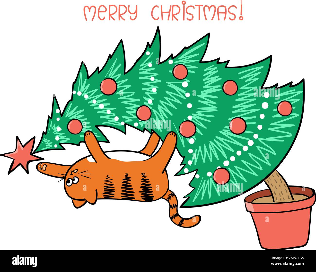Merry Christmas card design. Cute cat on Christmas tree. Vector holiday ... Merry Christmas card design. Cute cat on Christmas tree. Vector holiday ...