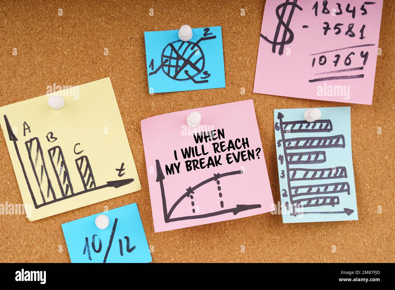 Business concept. On the board are stickers with graphs and diagrams ...