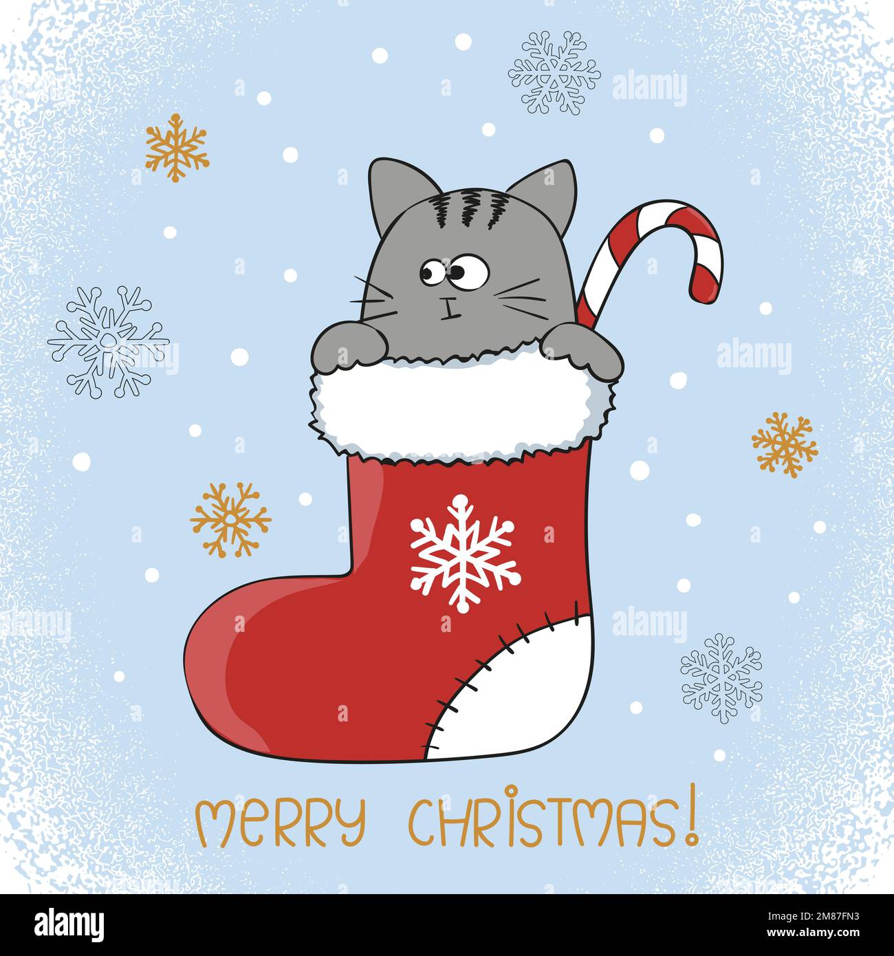Merry Christmas card design. Cute cat in a Christmas stocking. Vector ... Merry Christmas card design. Cute cat in a Christmas stocking. Vector ...
