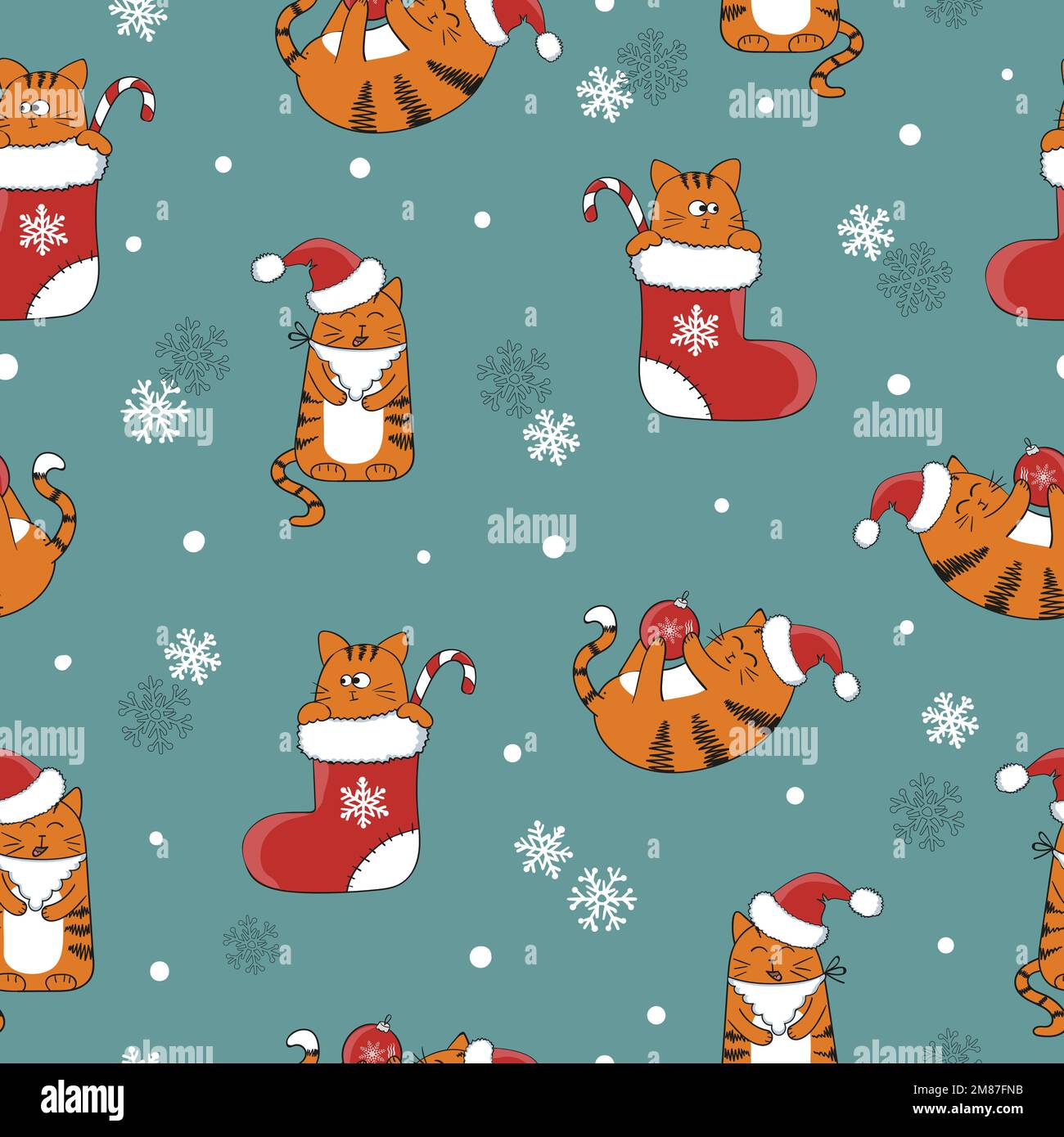 Christmas and New Year seamless pattern with cute cartoon cats. Vector ...