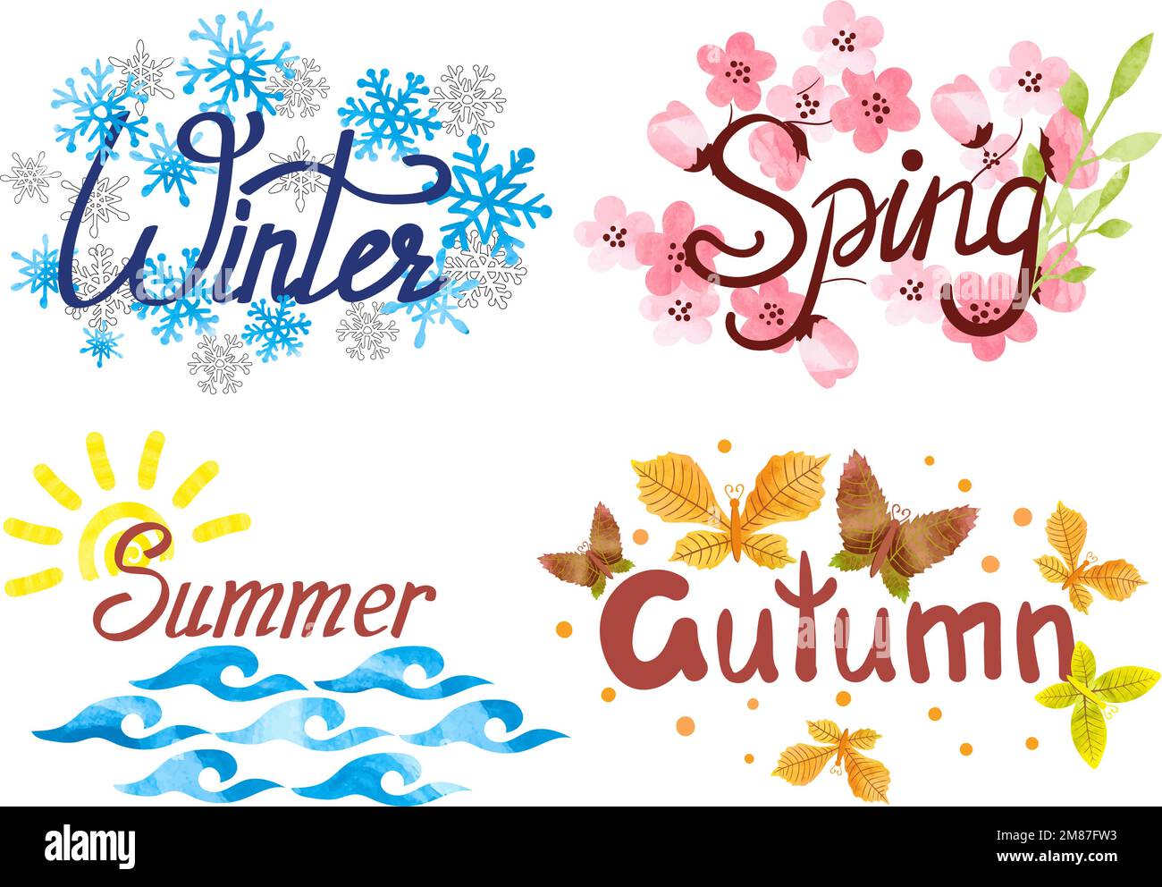 Four Seasons - winter, spring, summer, autumn. Vector watercolor ...