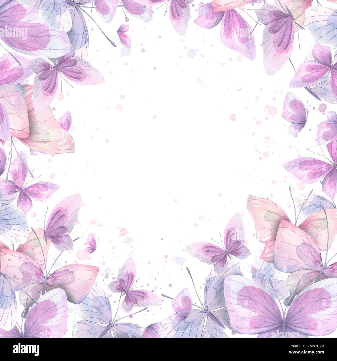 Lilac, pink and blue butterflies with splashes of paint. Watercolor ...