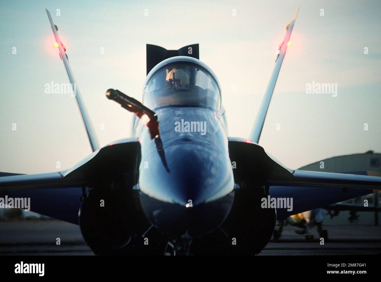 A front view of an F/A-18A Hornet aircraft of the Blue Angels Flight ...