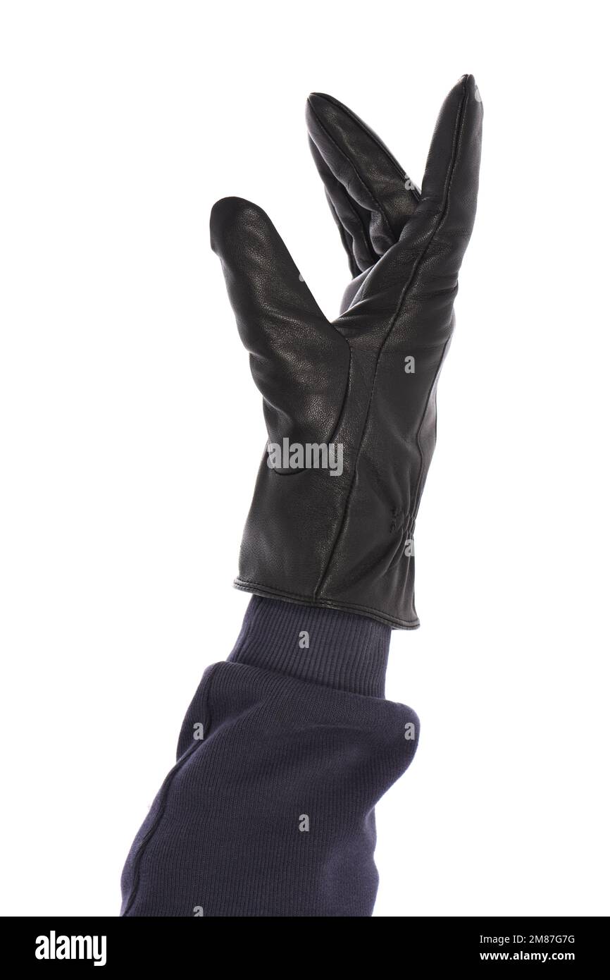 Man wearing black leather glove on white background, closeup. Side view ...