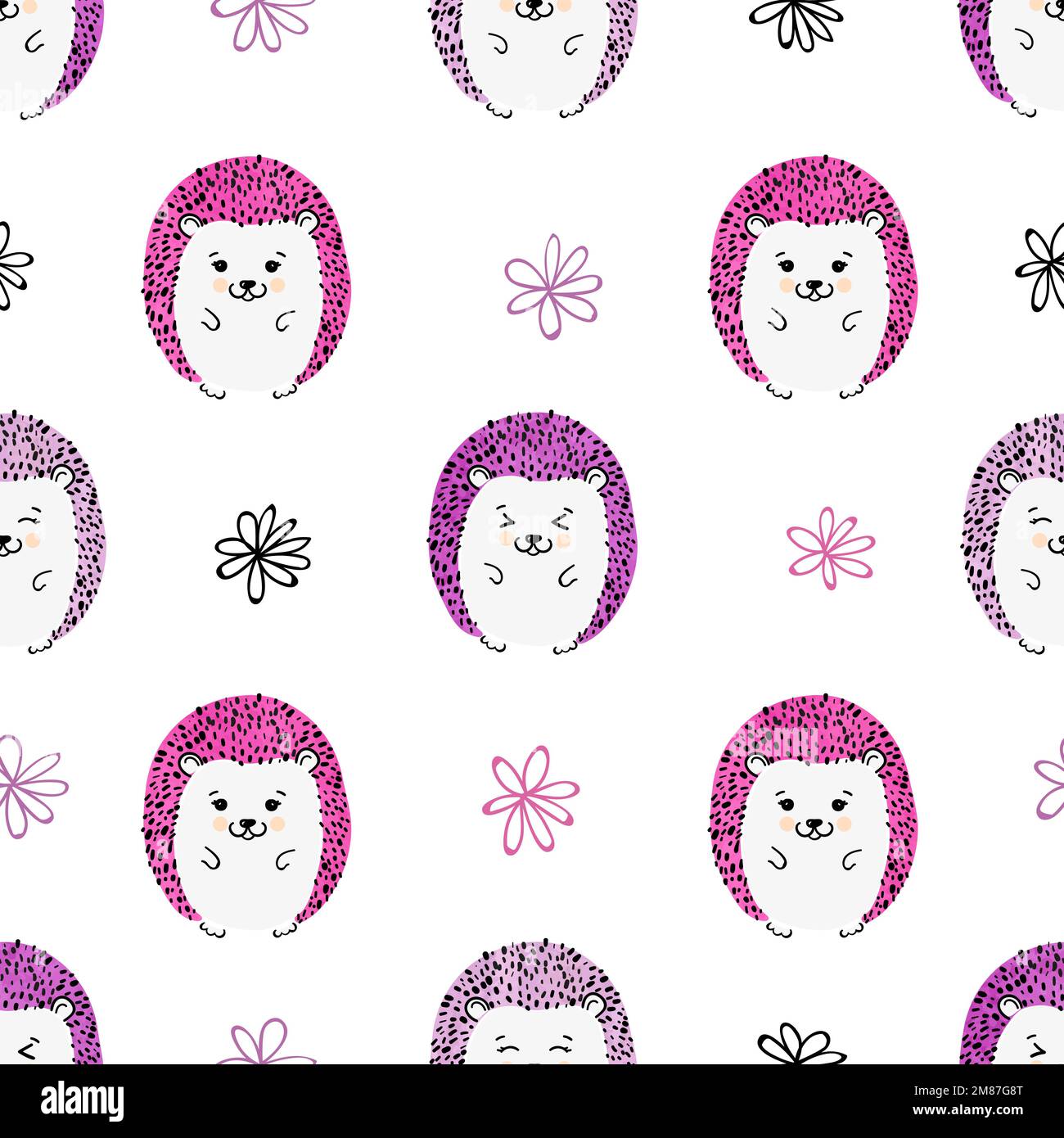 Seamless pattern with cute colorful watercolor hedgehogs. Vector ...