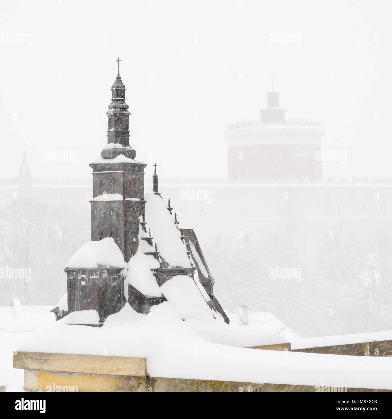 Lublin old town in winter. A view of the model of the parish church ...