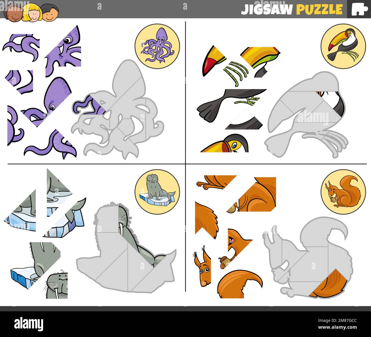 Cartoon illustration of educational jigsaw puzzle tasks set with funny ...