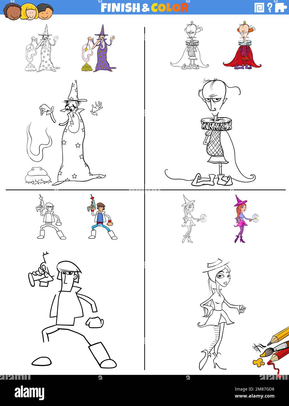 Cartoon illustration of drawing and coloring educational task for ...