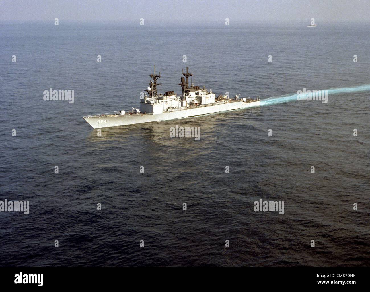 An aerial port bow view of the guided missile destroyer USS CALLAGHAN ...