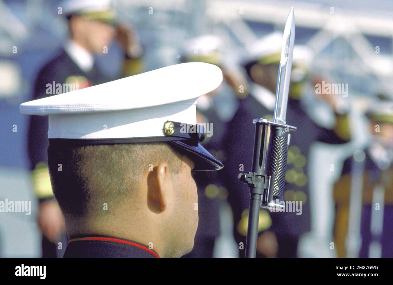 A Marine honor guard stands at attention with a fixed bayonet during a ...