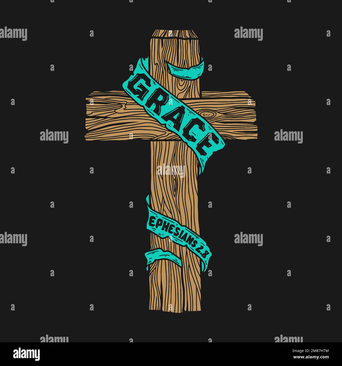 Hand-drawn Christian vector illustration. A wooden cross with the ...
