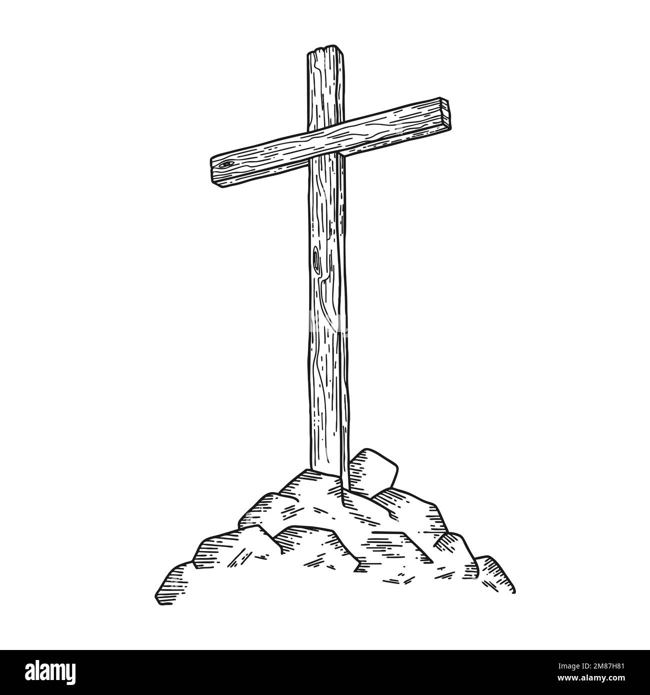 Hand-drawn Christian vector illustration. Wooden cross on a hill. A ...