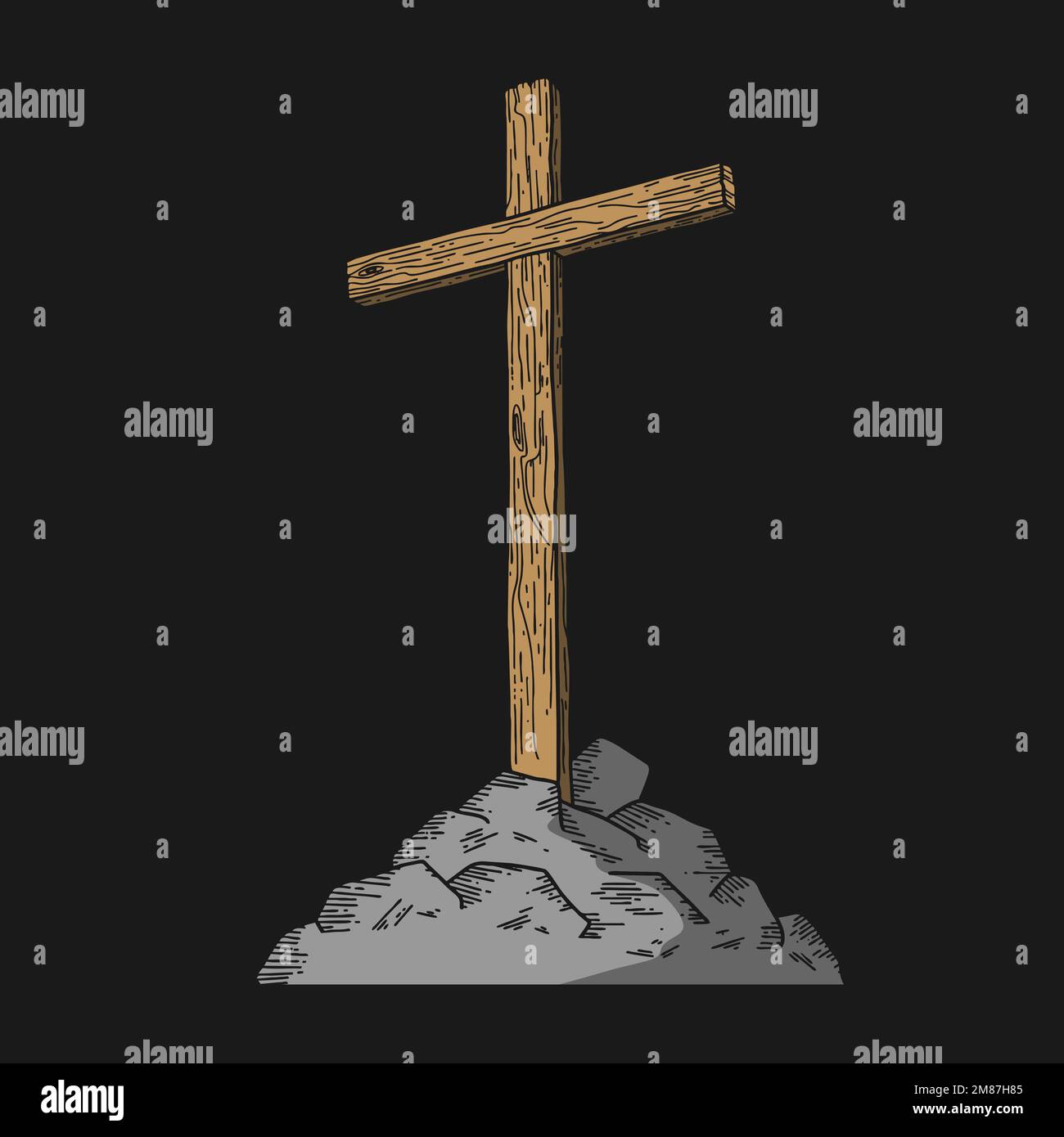 Hand-drawn Christian vector illustration. Wooden cross on a hill. A ...