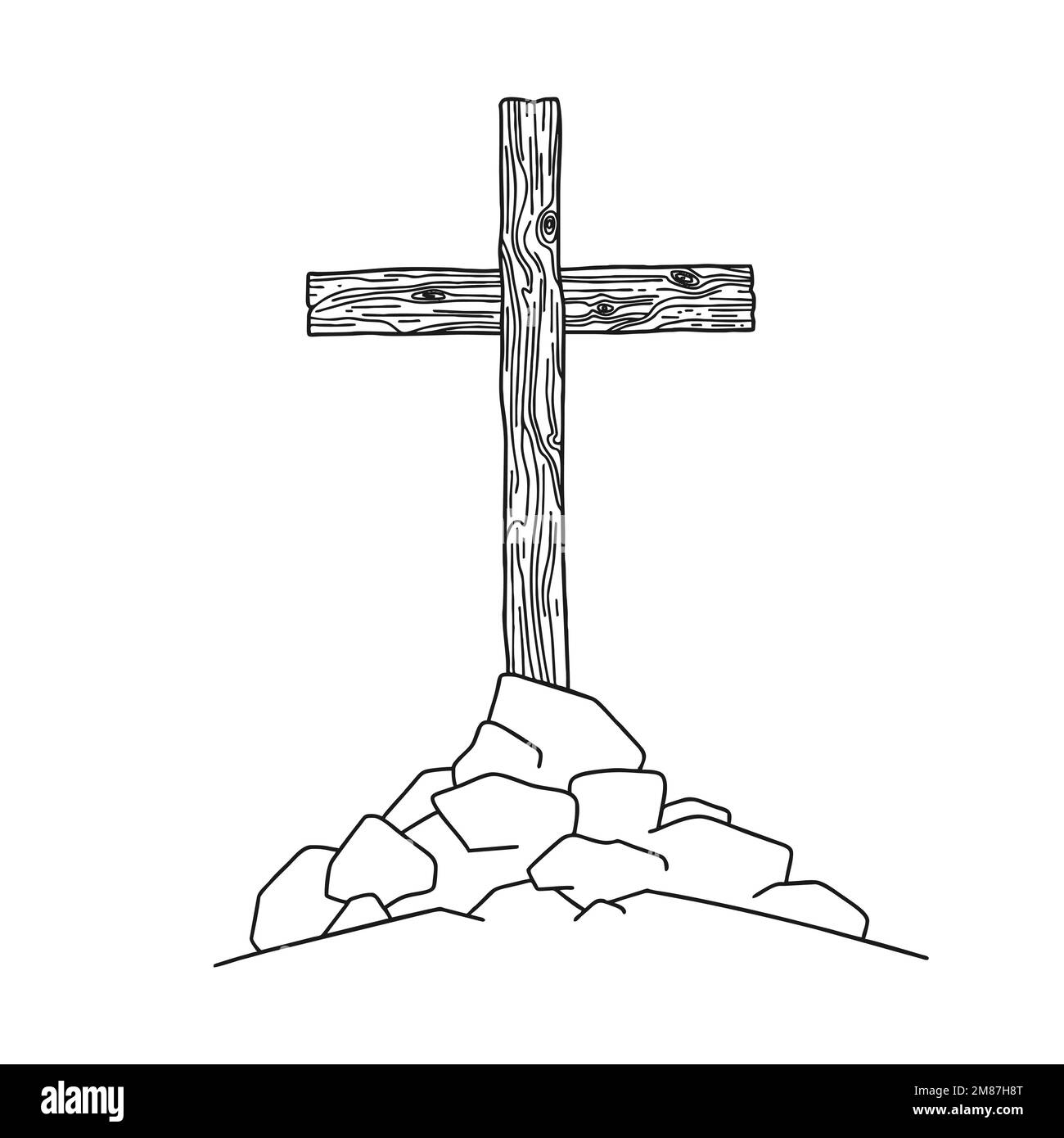 Hand-drawn Christian vector illustration. Wooden cross on a hill. A ...
