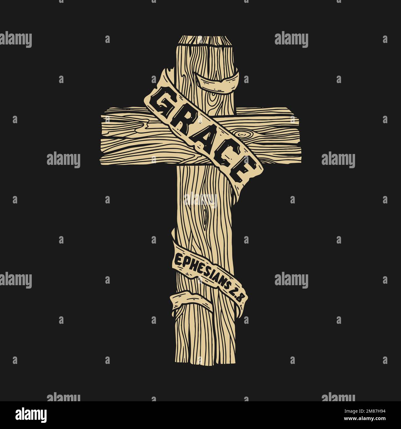 Hand-drawn Christian vector illustration. A wooden cross with the ...
