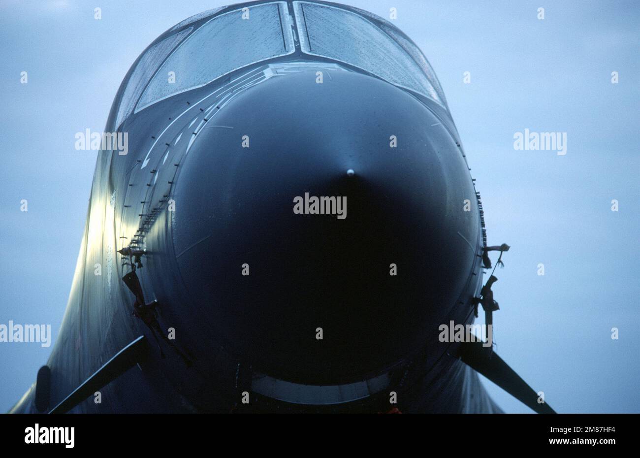 A close-up view of the nose of a 96th Bomber Wing B-1B bomber aircraft ...