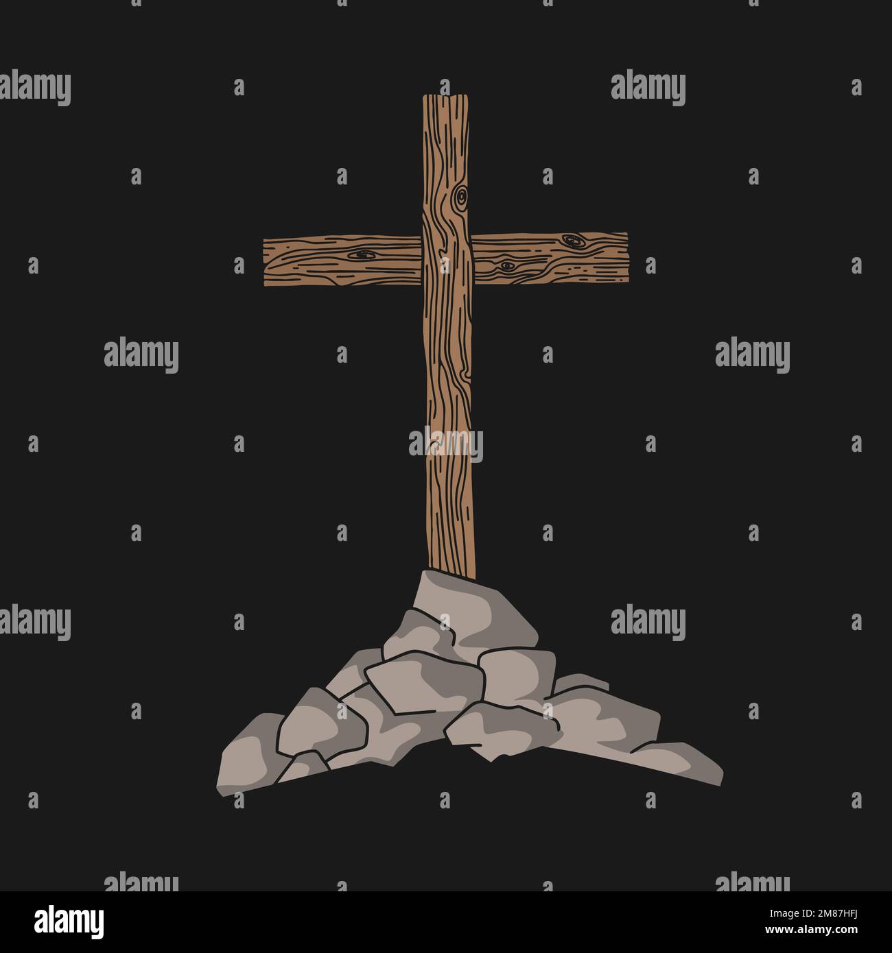 Hand-drawn Christian vector illustration. Wooden cross on a hill. A symbol of the crucifixion of ...