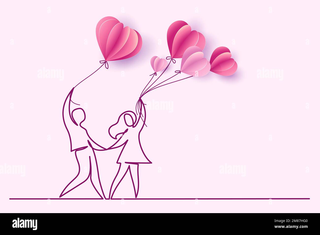 Valentines day card. Happy couple woman and man with air balloons ...