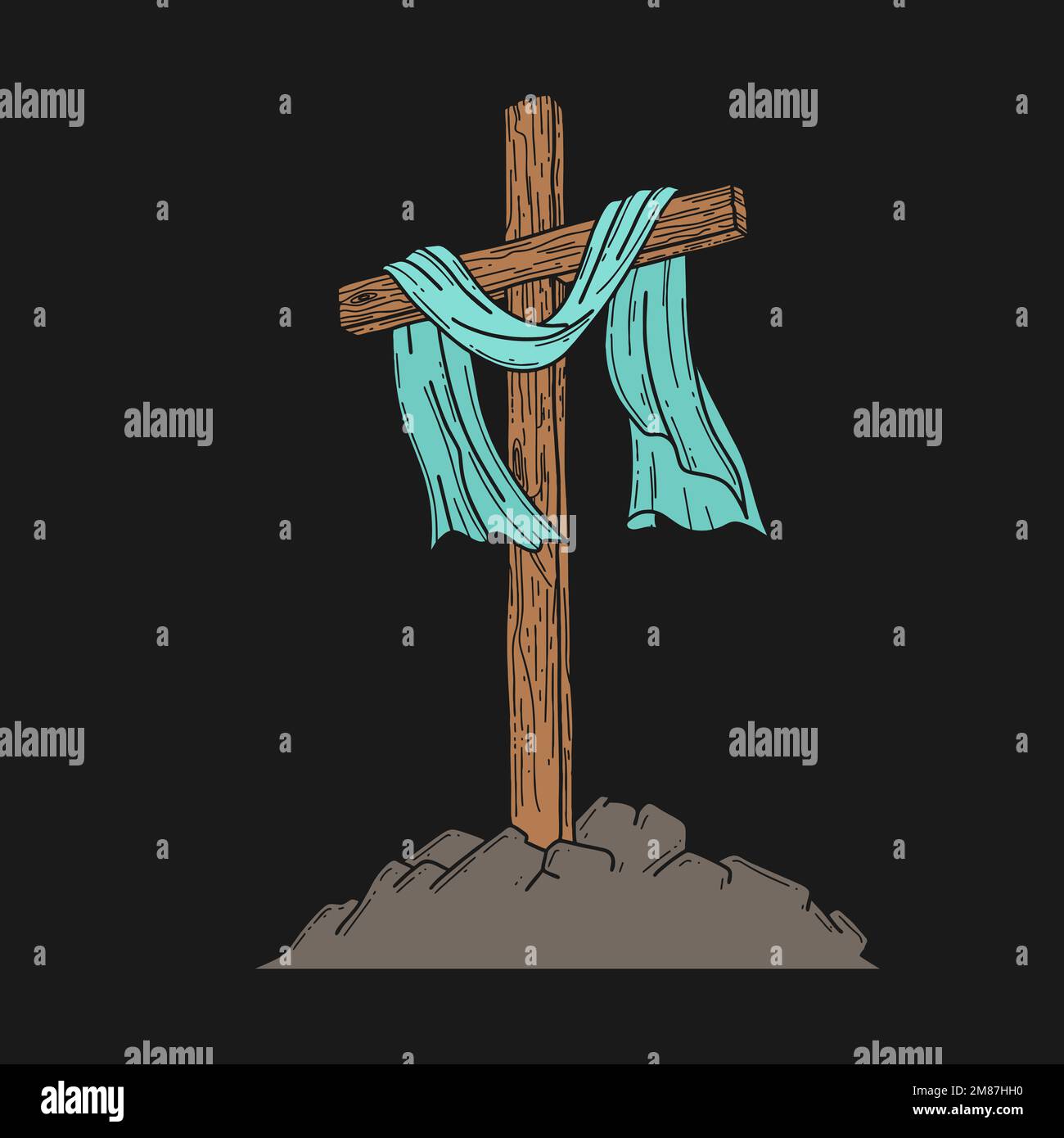 Hand-drawn Christian vector illustration. Wooden cross on a hill. A ...