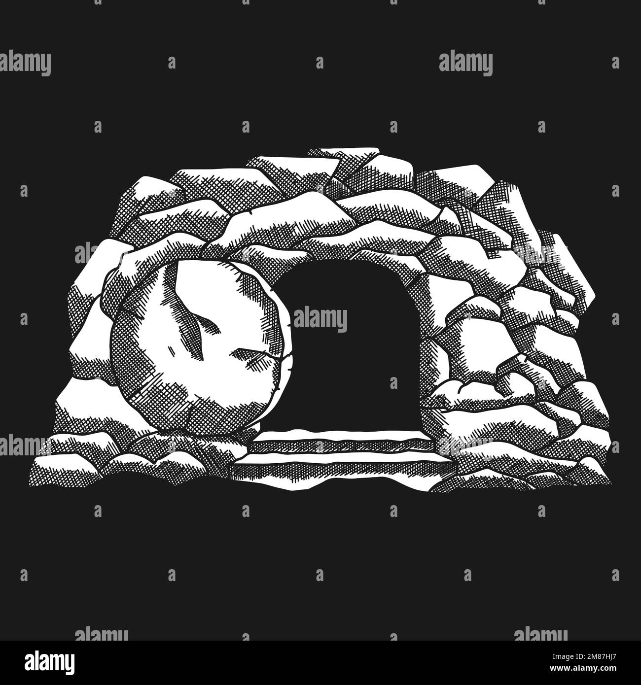 Hand-drawn vector illustration for Easter. Empty tomb after the ...