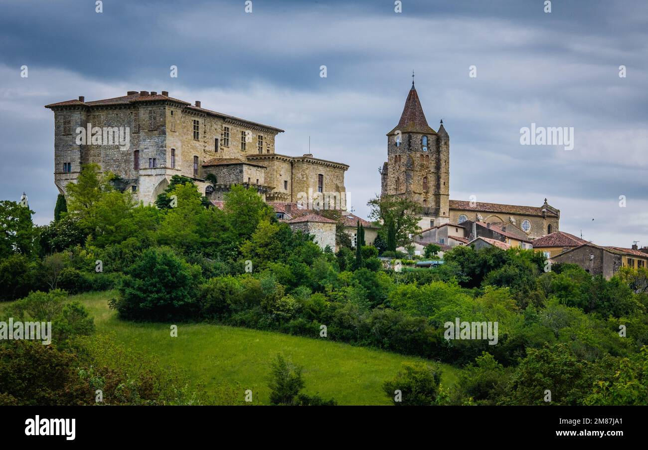 View on Lavardens medieval castle and church from afar, a small village ...