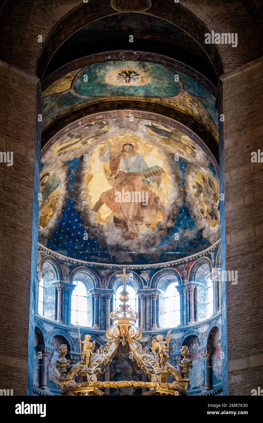 Medieval fresco above the altar in the choir of Saint Sernin Basilica ...
