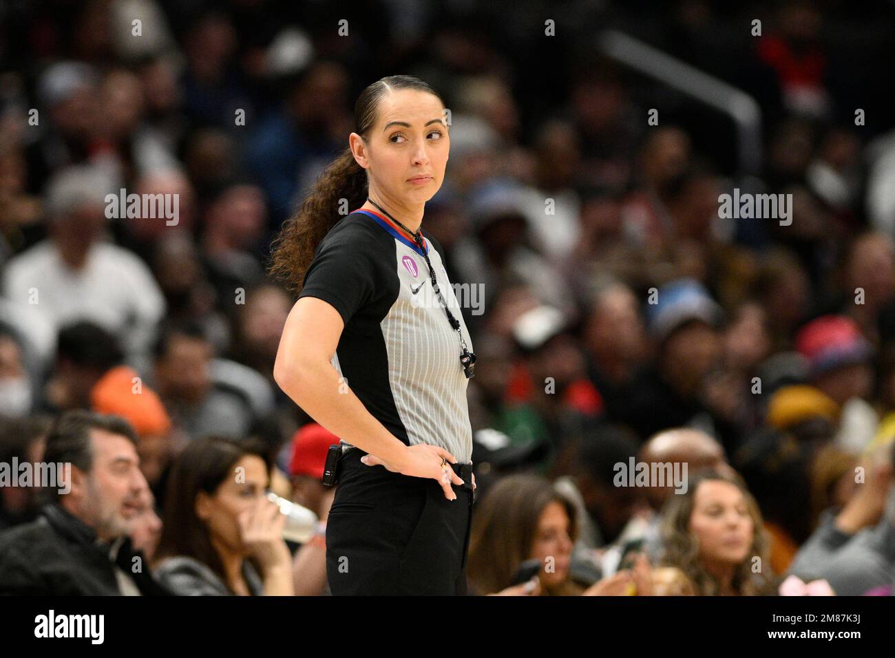 NBA referee Ashley Moyer-Gleich (13) looks on during the first half of ...