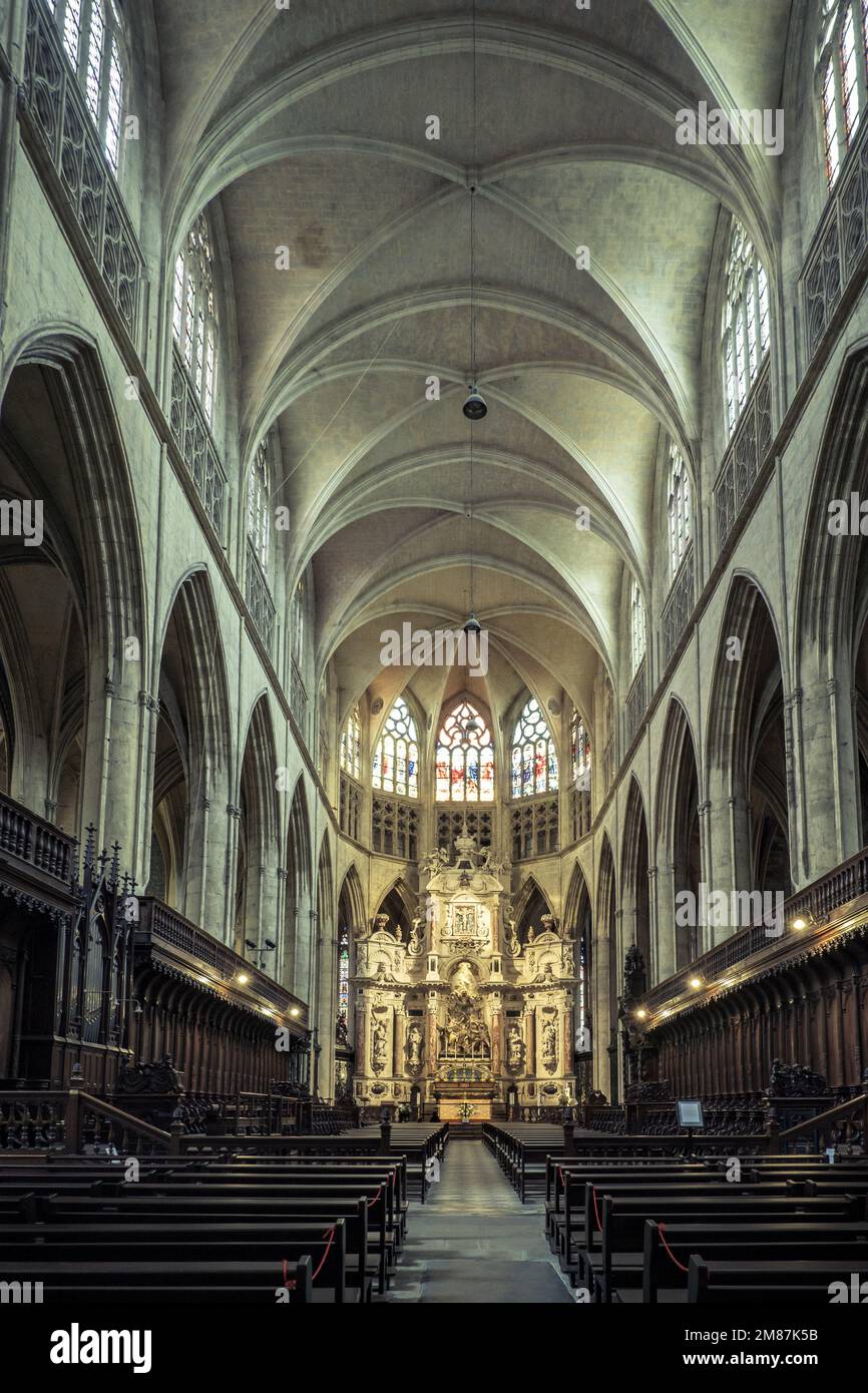 inside the nave of the medieval gothic cathedral of Saint Etienne in ...