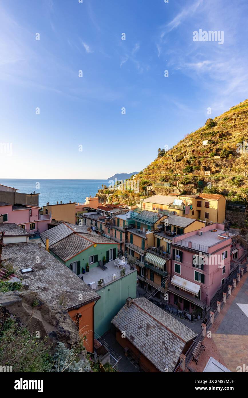 Small touristic town on the coast and farmland, Manarola, Italy. Cinque ...