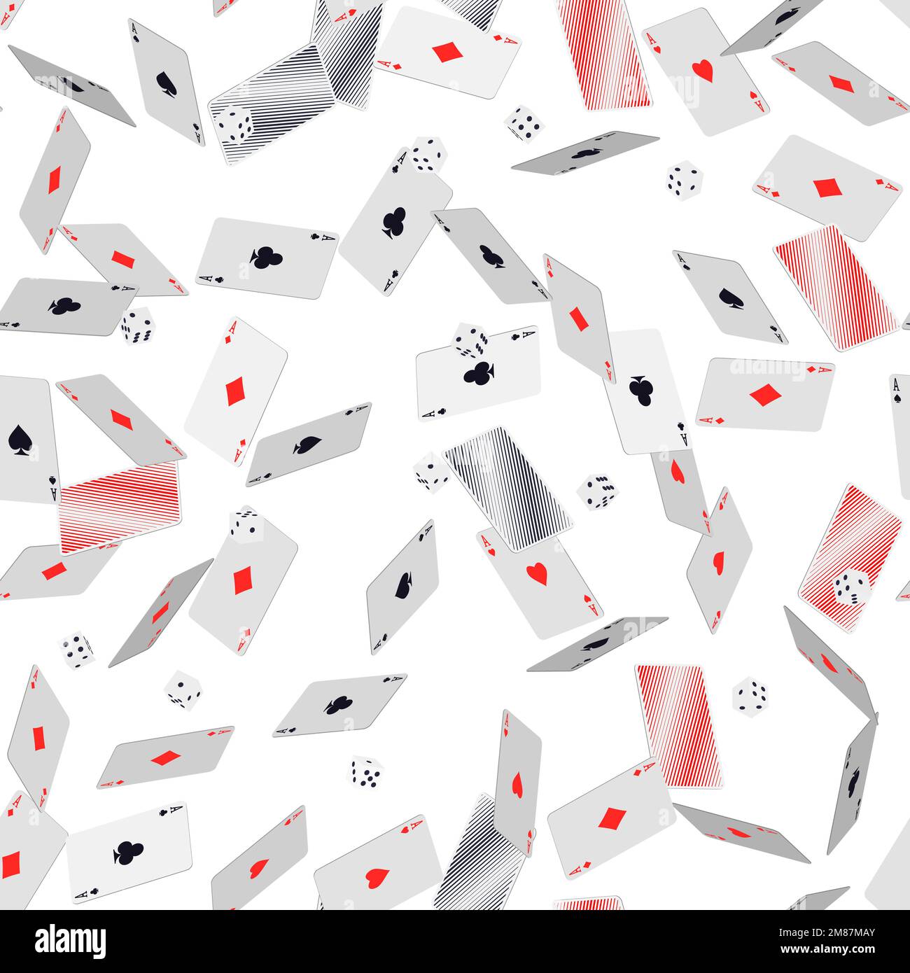 Falling playing cards and dice cubes on white. Seamless pattern with ...
