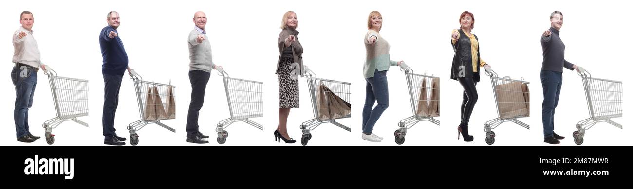 a group of people with a shopping cart point their finger at the camera ...