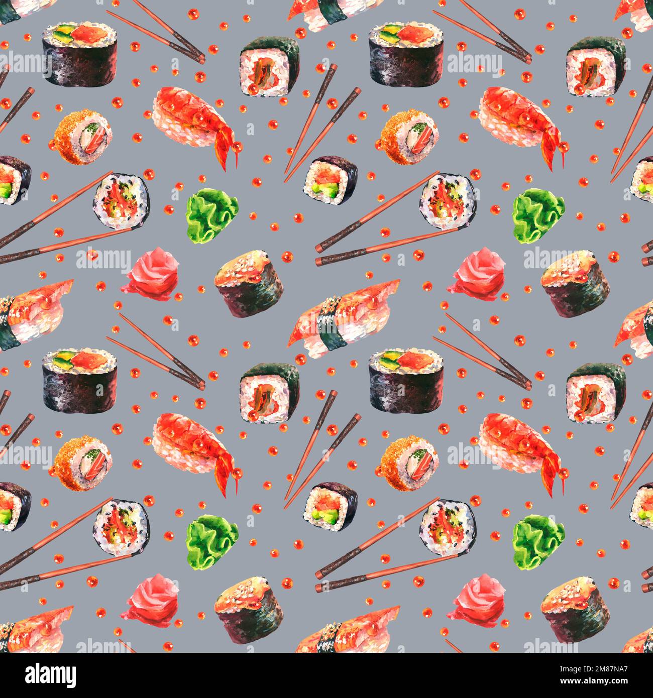 Seamless watercolor pattern with sushi, rolls, nigiri, gunkan shrimp ...
