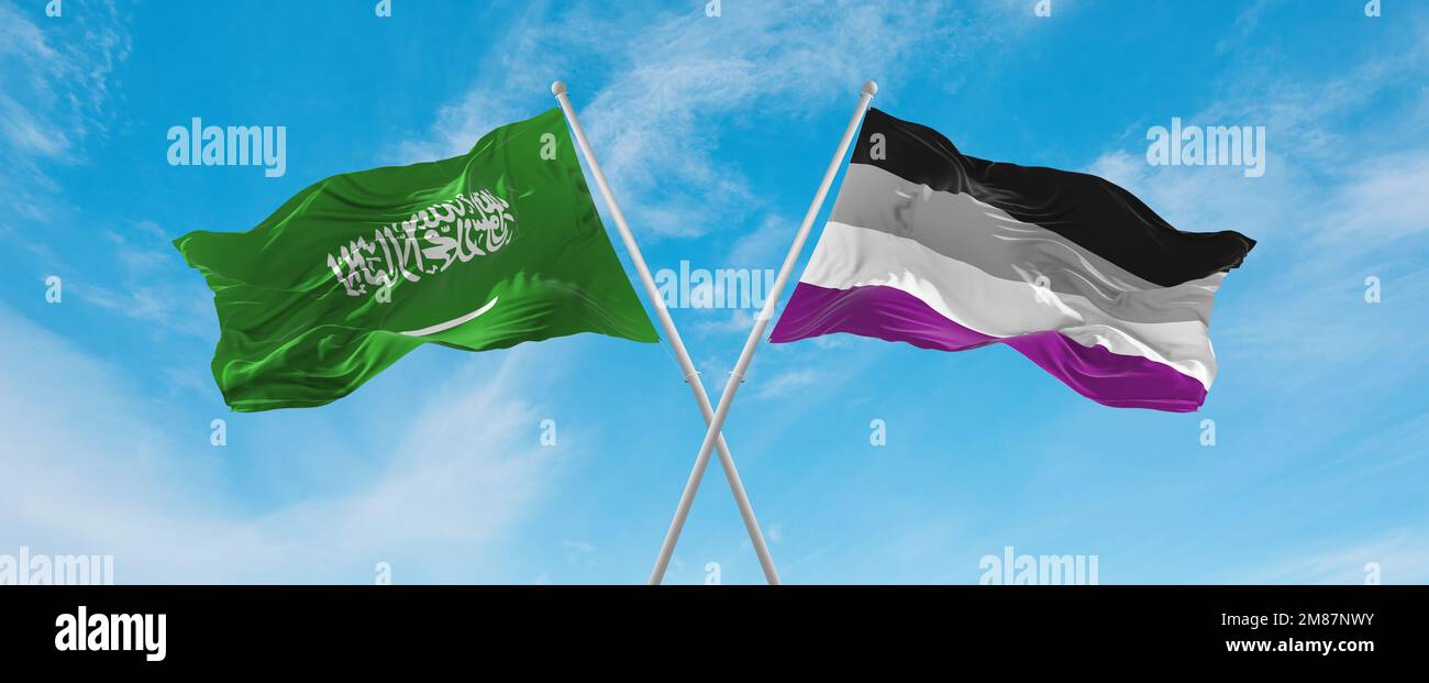 two crossed flags asexuality Pride and Saudi Arabia waving in wind at ...
