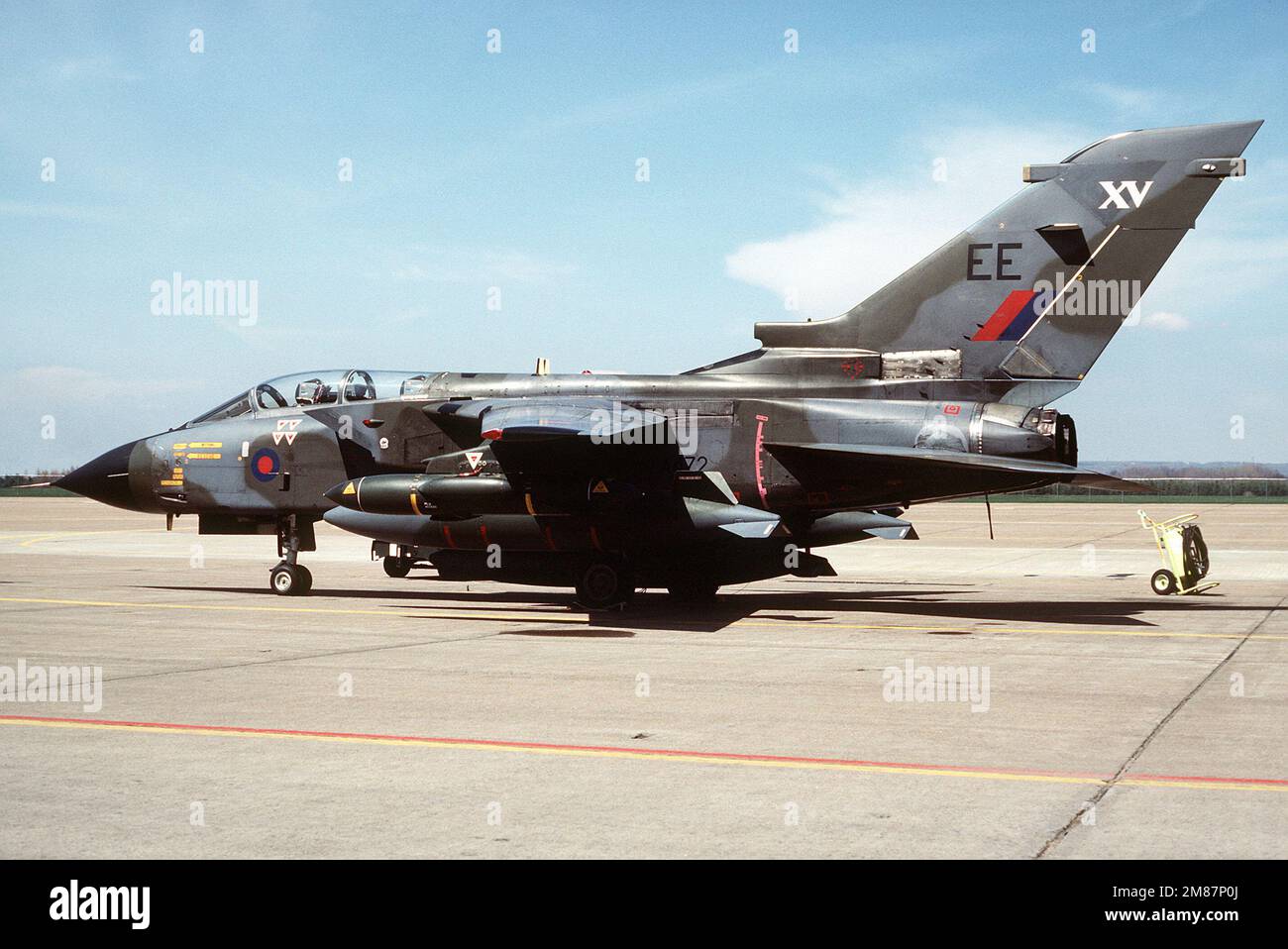 A left side view of a British Tornado aircraft parked on the flight ...