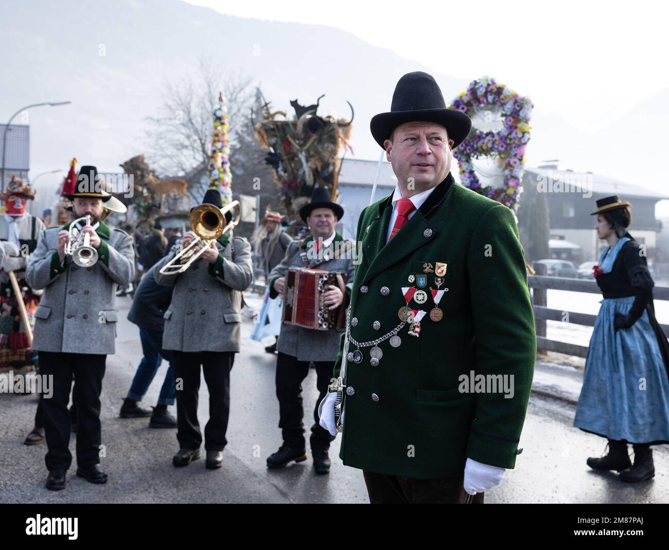 AUSTRIA, GASTEIN - January 1, 2023: Commander and musicians in the ...